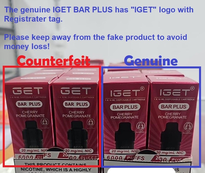 (The counterfeit IGET BAR PLUS POD currently on the market)